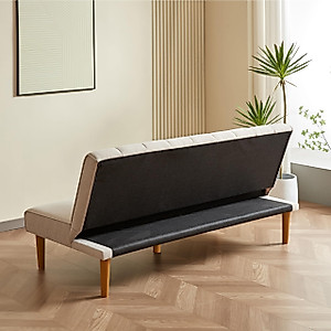 HomePop Upholstered Bergen Convertible Futon Sofa Bed, Modern Sofa Couches for Living Room, Small Spaces, Dorm, Apartment, Beige Woven