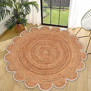 Laxmi Exports 4x4, 5x5, 6x6,feet Natural Jute Scallop Round Rug, Floor Scalloped Edge Rug Braided Boho Eco Large Circular Handmade Area Rugs (WHT_3x3)