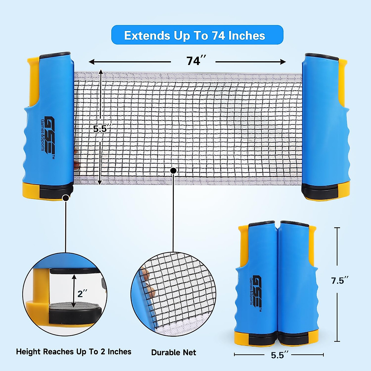 GSE Adjustable Retractable Ping Pong Net & Post. Portable Table Tennis Net & Clamps. Replacement Ping Pong Net for Any Tables (Blue)