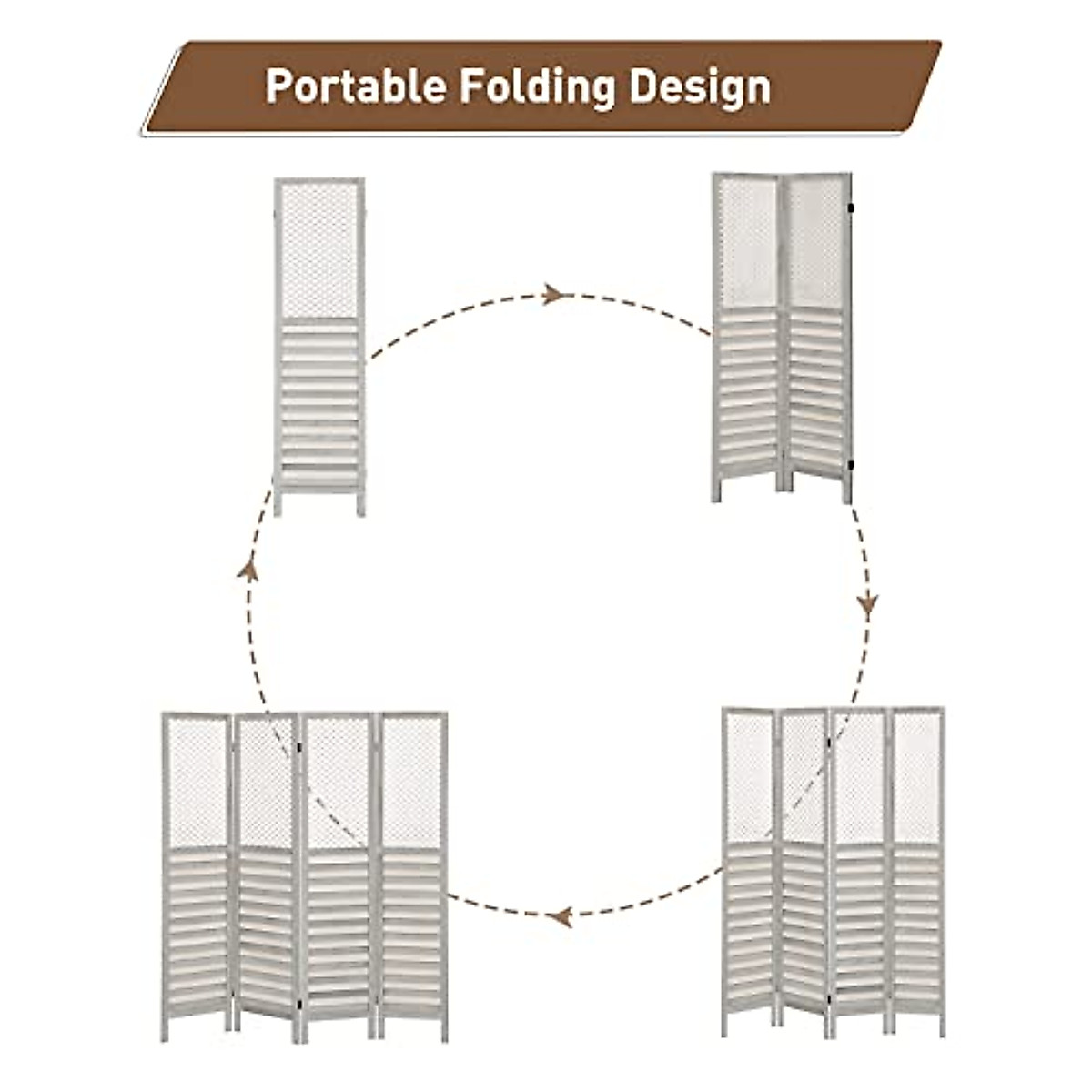 ECOMEX Cutout Room Divider, 4 Panel 5.6 Ft Tall Wood Room Dividers and Folding Privacy Screens, Freestanding Partition Wall Dividers, Room Separator, Grey White