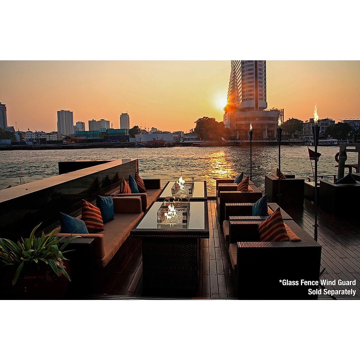 Outland Living Series 403 Brown 44-Inch Outdoor Propane Gas Fire Pit Table, Black Tempered Tabletop w/Arctic Ice Glass Rocks and Resin Wicker Panels (Espresso Brown/2-Pack 20 LB Tonga Torch)