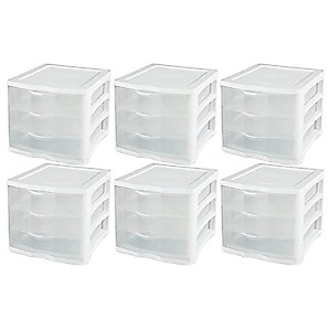Sterilite Clear Plastic Stackable Small 3 Drawer Storage System for Home Office, Dorm Room, or Bathrooms, White Frame, (6 Pack)