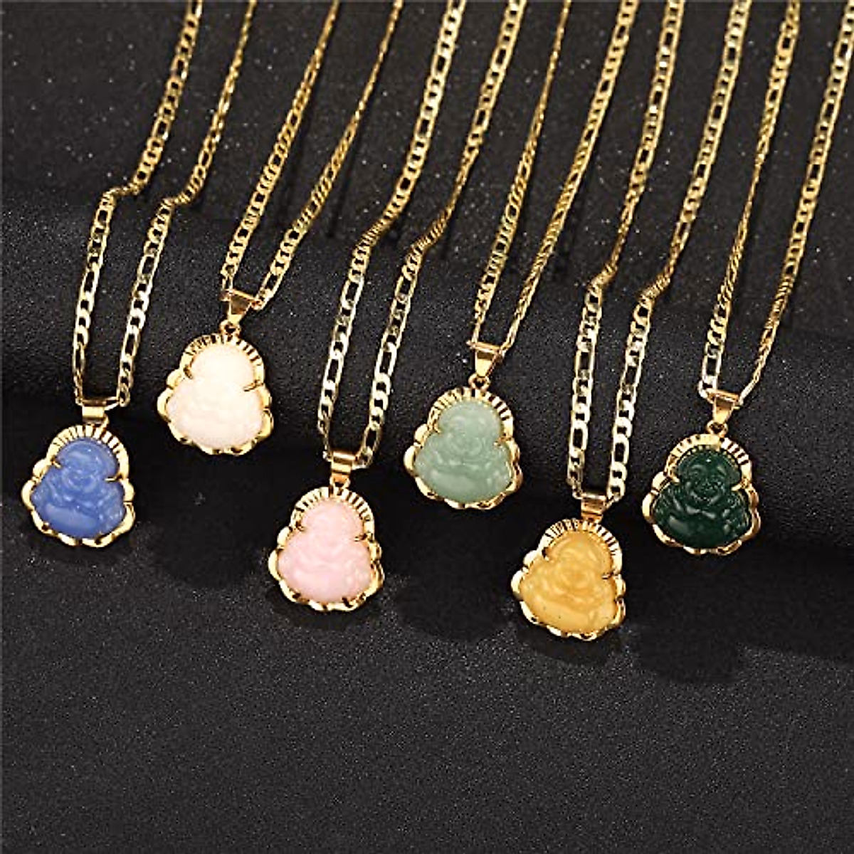 kelistom 14K Gold Plated Buddha Pendant Necklace for Women Men 3MM Flat Figaro Chain Necklace Blue Green Pink White Yellow Buddha Head