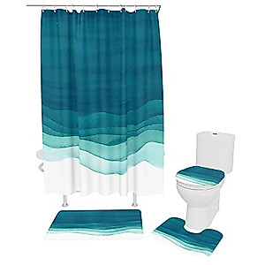 4 Pcs Shower Curtain Set with 12 Hooks Watercolor Teal and White Gradient Bathroom Sets with Non-Slip Bath Mat Toilet Lid Cover Waterproof Durable Shower Curtain and Rugs