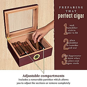 Mantello Humidor Cigar Box, Royal Glass-Top Cigar Humidors- Gifts for Men - Cigar Humidor Box for 25-50 Cigars with Digital Hygrometer & Divider - Spanish Cedar Wood Interior, Rich Cherry Finish