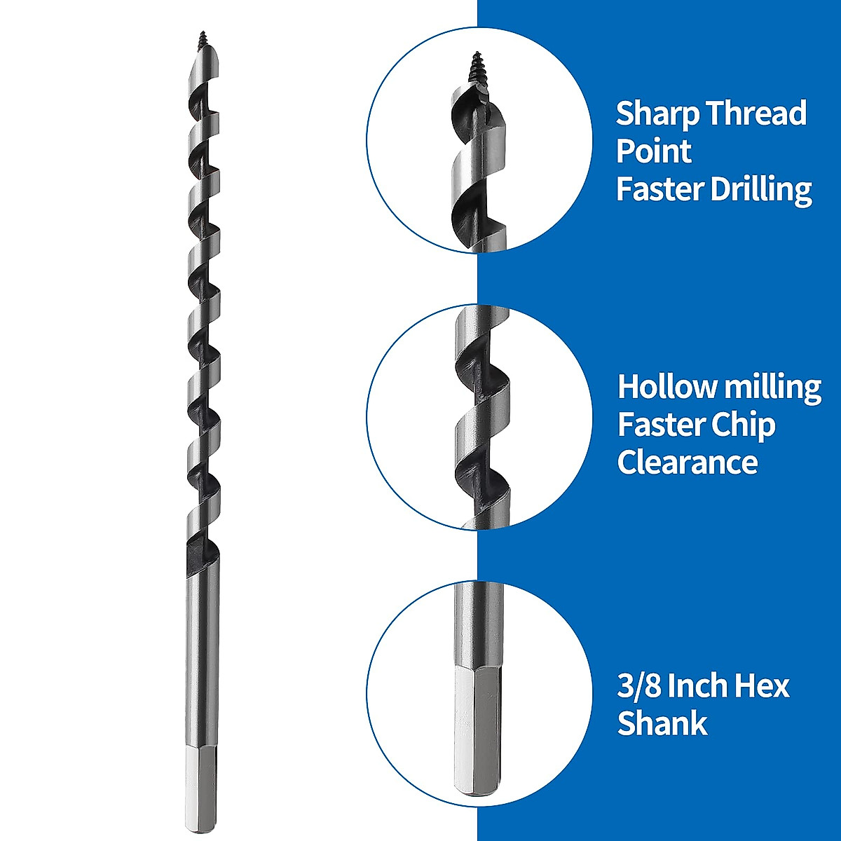 Litoexpe 1/2 Inch x 12 Inch Auger Drill Bit, 3/8-Inch Hex Shank Ship Auger Long Drill Bit for Wood, Plastic, Drywall and Composite Materials