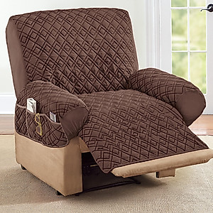 Collections Etc Diamond-Shape Quilted Stretch Recliner Cover with Storage Pockets - Furniture Protector, Chocolate, Recliner