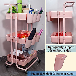 Piowio 3 Tier Utility Storage Cart Rolling Cart Organizer Shelf with 6PCS Hanging Cups for Home Kitchen Office Storage (Pink)