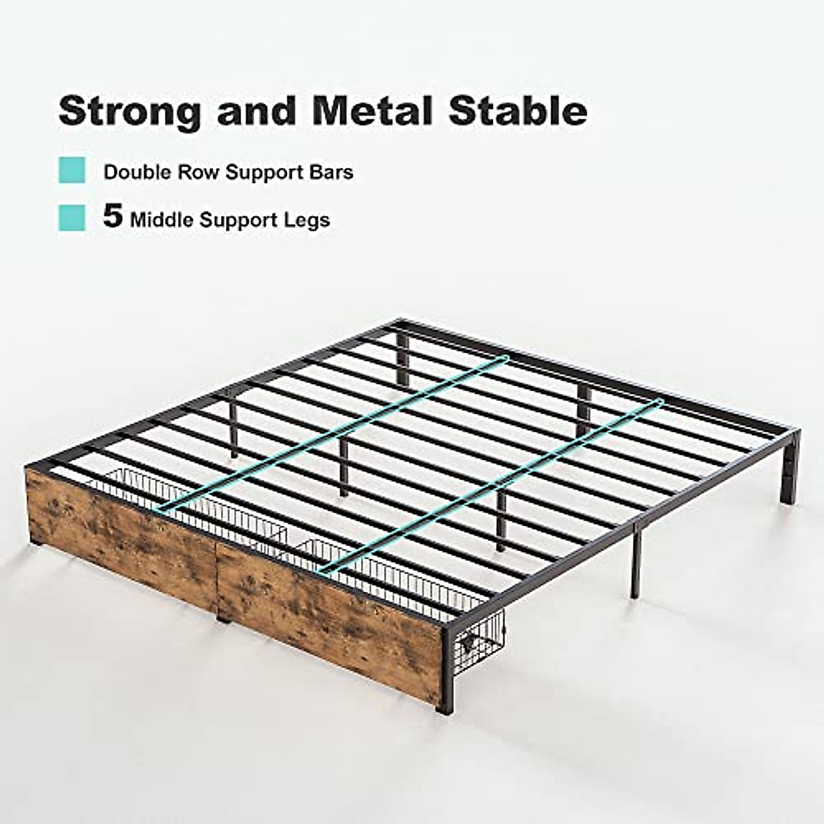 IRONCK King Bed Frame with 2 XL Storage Drawer, Platform Bed Frame Strong Steel Double Reinforced Support, No Box Spring Needed, Wooden Board Decor
