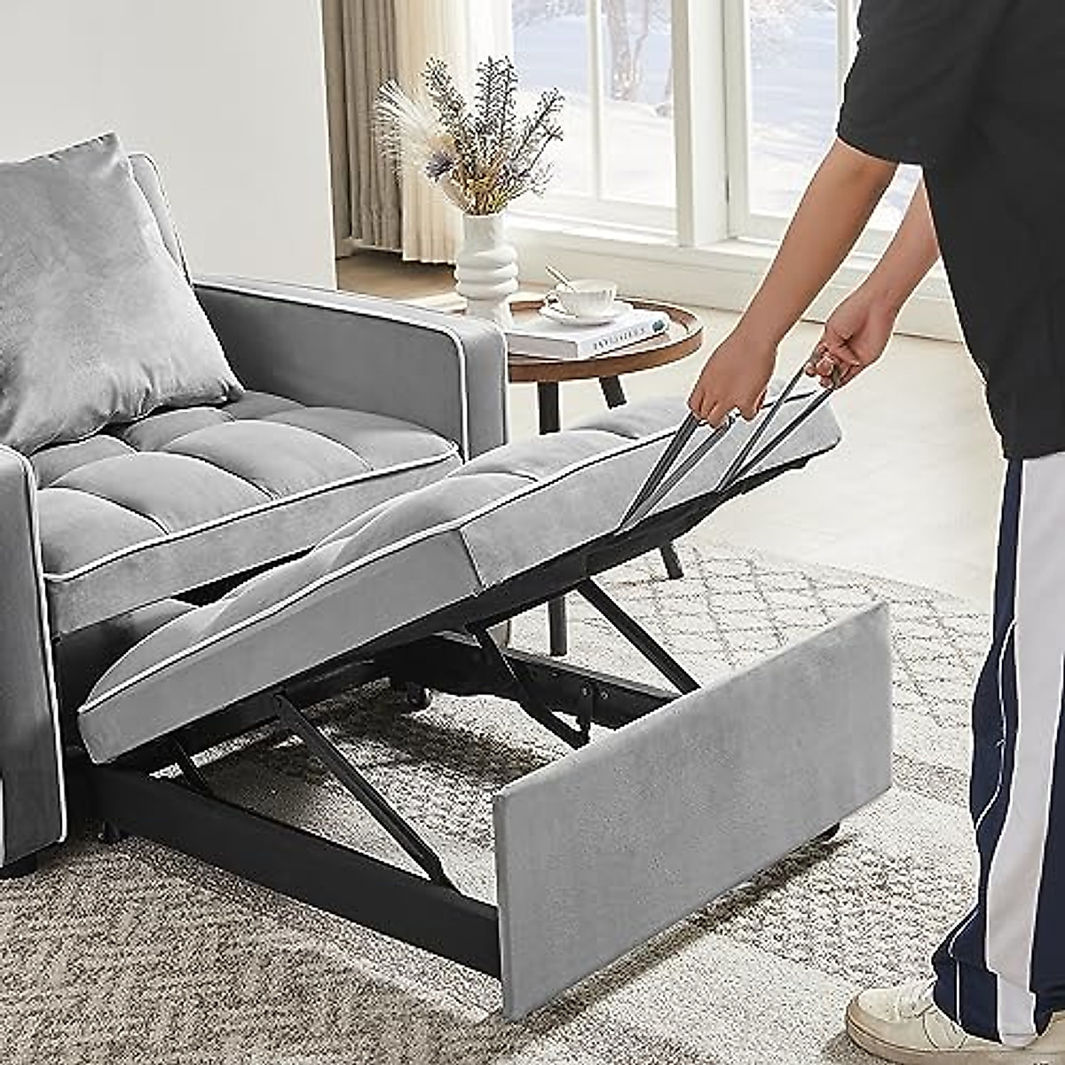 Pull Out Sleeper Futon Single Sofa Chair Bed,3-in-1 Versatile Chaise Lounge Couch with Adjustable Backrest,Lumbar Pillow&Side Pockets,Folding Sofá Recliner for Living Room/Apartment/Compact Space