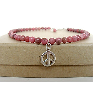 Peace charm anklet, dusty pink rhodonite stones sterling silver, adjustable length 9-10 inches, handmade by Let Loose Jewelry