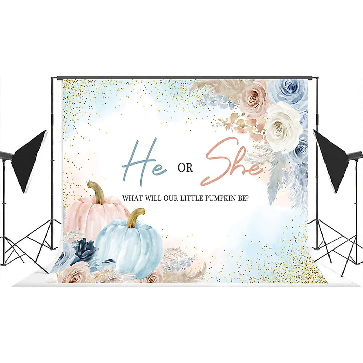 Lofaris Pumpkin Blue or Pink Gender Reveal Backdrop Fall Theme He or She What Will Little Pumpkin Be Banner Party Decorations Photography Background Pregnancy Reveal Party Photoshoot 7x5ft