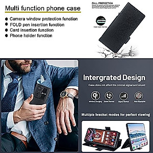 KUGEW for Samsung Galaxy Z Fold 5 Case with S Pen Holder & Camera Cover, Luxury Leather Wallet Phone Cover Built-in S Pen Slot Kickstand Function Card Holder Hinge Protection Shockproof (Black)