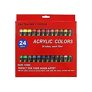 S & E TEACHER'S EDITION Acrylic Paint 24 Colors, 0.4 oz (12 ml) Tubes, Perfect for Canvas, Rocks, Glass, Wood, Fabric and More, Christmas Halloween Gifts.