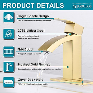 Jodulos Gold Bathroom Faucet, Waterfall Bathroom Sink Faucet with cUPC Supply Hose and Pop Up Drain, Single Handle Single Hole Modern Faucet for Bathroom Vanity