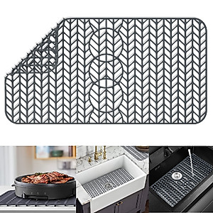 AWOKE Sink Protectors for Kitchen Sink - 29.5"x 15" Sink Mat - Heat-resistant Easy-clean Silicone Sink Mat - for Protection of Stainless Steel Sink - with 3 Reserved Holes (Grey)