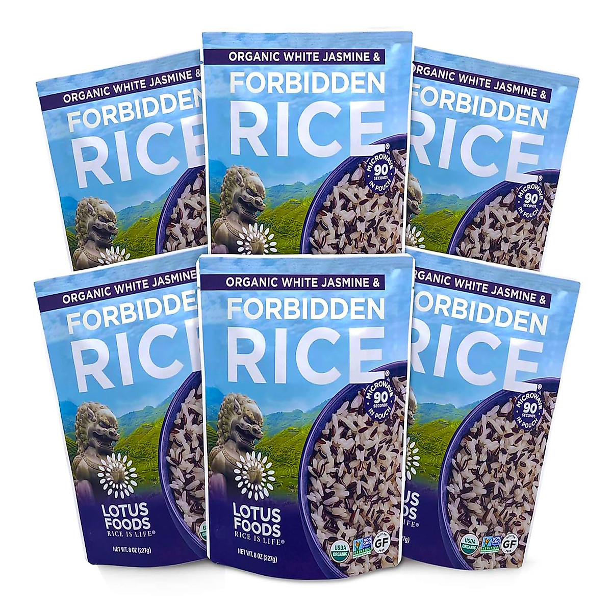 Lotus Foods Organic White Jasmine & Forbidden Rice Heat & Eat Pouch - Jasmine Rice, Gluten Free White Rice, Forbidden Back Rice, Instant Microwave Rice, Pre Cooked, GF, USDA Organic - 8 Oz (6 Pack)