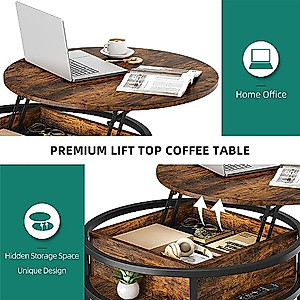 YITAHOME Round Lift Top Coffee Table, Coffee Tables with Living Room with Hidden Storage Compartment, Coffee Table with Storage for Home Office,Circle Center Tables Living Room,Rustic Brown