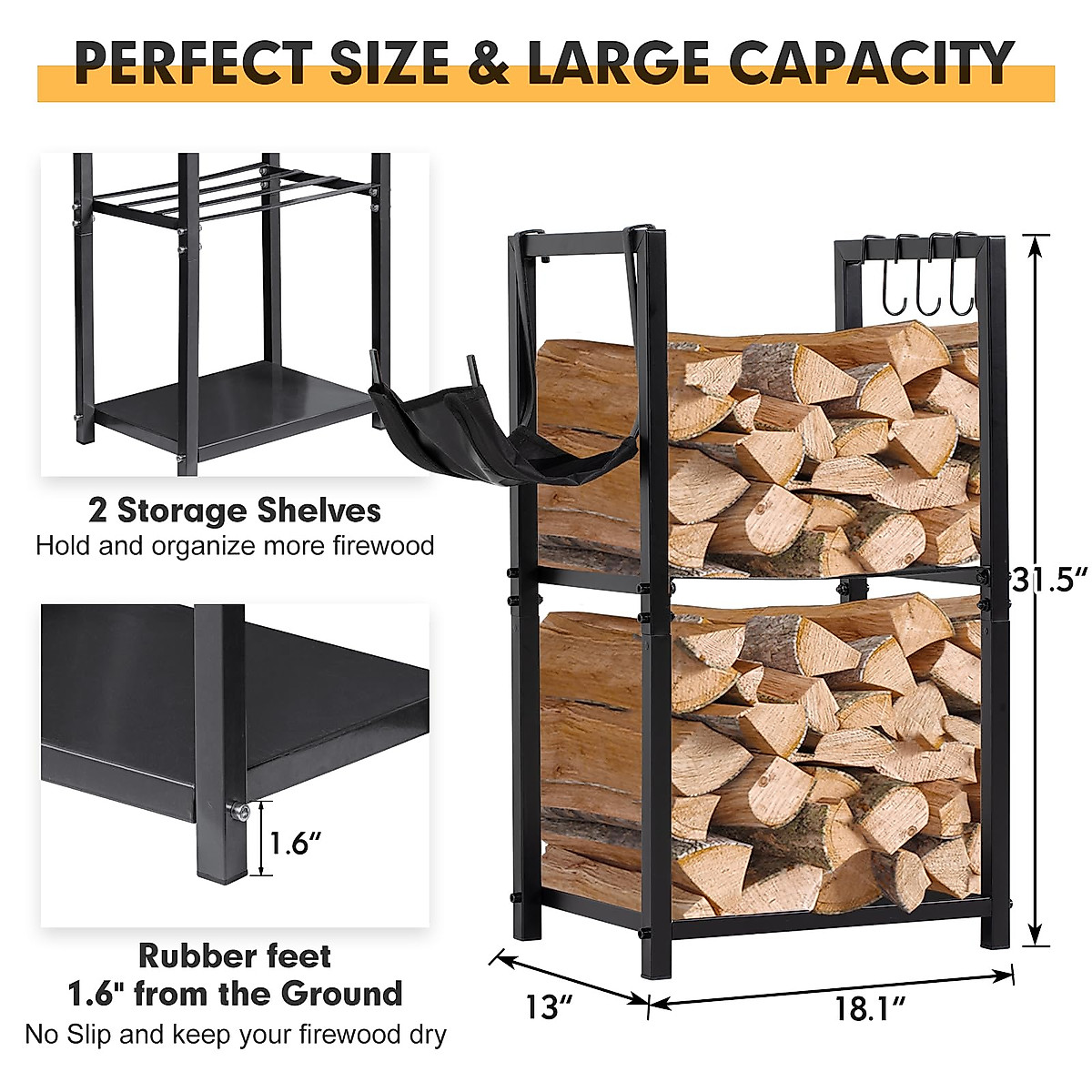 NALONE Firewood Rack Indoor, Small Outdoor Firewood Log Storage Rack, 2-Tier Wood Holder with 6 Hooks, Firewood Stand for Indoor Fireplace, Outdoor Patio, Fire Pit, Stove