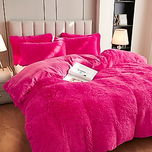 Uhamho Luxury Fluffy 1PC Solid Duvet Cover Faux Fur Plush Shaggy Quilt Cover Velvet Bedspread Zipper Closure, No Pillow Sham, No Comforter (Hot Pink, Twin)