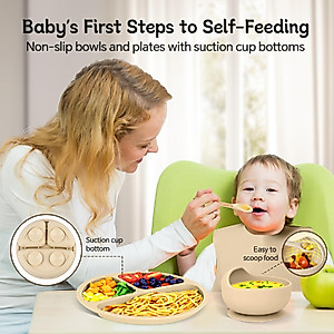 SHGMEET Silicone Baby Feeding Set, Baby Feeding Essentials, Baby Suction Bowl, Plates, Bib, Spoons set, Baby Led Weaning Supplies to Develop Self-feeding Skills, Dishwasher Safe (Beige)
