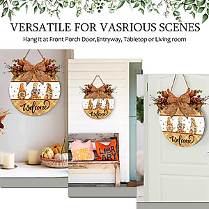 Thanksgiving Door Sign Wreath Welcome Fall Door Sign 12in Wooden Autumn Sign with Bowknot Fall Gnomes Decoration for Home Front Door Porch Thanksgiving Hanging Sign