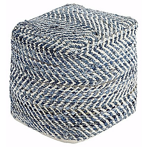 Signature Design by Ashley Chevron Handmade Woven Pouf 18 x 18, Blue and White