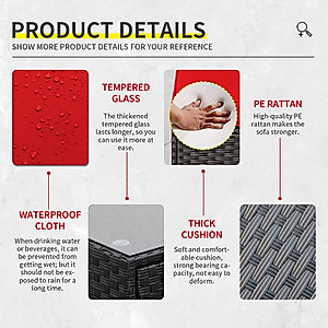 Lviden 7 Pieces Outdoor PE Wicker Furniture Set Patio Rattan Sectional Conversation Sofa Set with Red Cushions and Glass Top Table