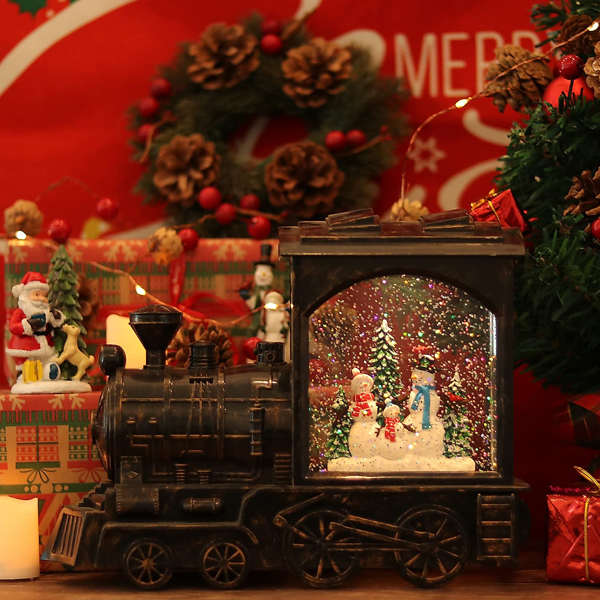 GenSwin Lighted Christmas Snow Globe Lantern, Battery Operated Snowman Musical Train LED Water Glittering with 6H Timer, Christmas Home Decoration Gift(Copper)