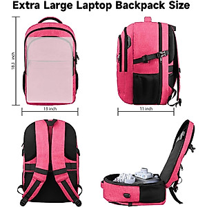 Lapsouno Extra Large Backpack, Carry on Backpack, 17.3 Inch Travel Laptop Backpack, Water Resistant Casual Hiking Daypack, Computer Bag with USB Port, College School Business Backpack for Women, Pink