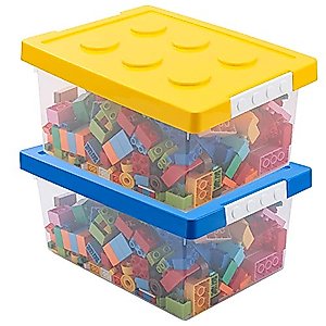 LUCKY-GO Toy Storage Organizer Bins with Lid - Stackable Plastic Organizer Box Set of 2, Kids Toy Chests with Compatible Building Baseplate and Lid, Storage Container for Building Bricks & Toys