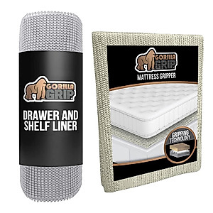 Gorilla Grip Drawer Liner and Mattress Gripper, Drawer Liner Size 12 in x 20 FT in Light Gray, Non Adhesive, Mattress Gripper Size Queen, Slip Resistant, Easy Trim, 2 Item Bundle