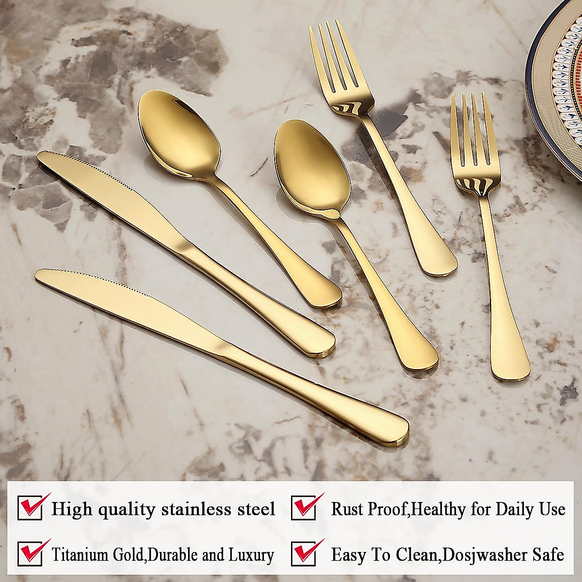ReaNea Gold Silverware Set 36 Pieces Service for 12, Stainless Steel Titanium Gold Flatware Set include Knives Spoon Forks Set, Silverware Set, Serving Utensil Set