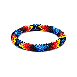 Native American Inspired Tribal Fire Diamond Pattern Guatemalan Czech Glass Seed Beaded One Size Fits All Bangle Bracelet - Womens Fashion Handmade Jewelry Boho Accessories (Light Blue)