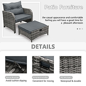 Auzfy Patio Chair with Ottomans and Table, 5 Piece PE Wicker Rattan Outdoor Patio Furniture Set, Space Saving Design Outdoor Chairs with Ottomans Set for Balcony Poolside Front Porch Deck, Grey
