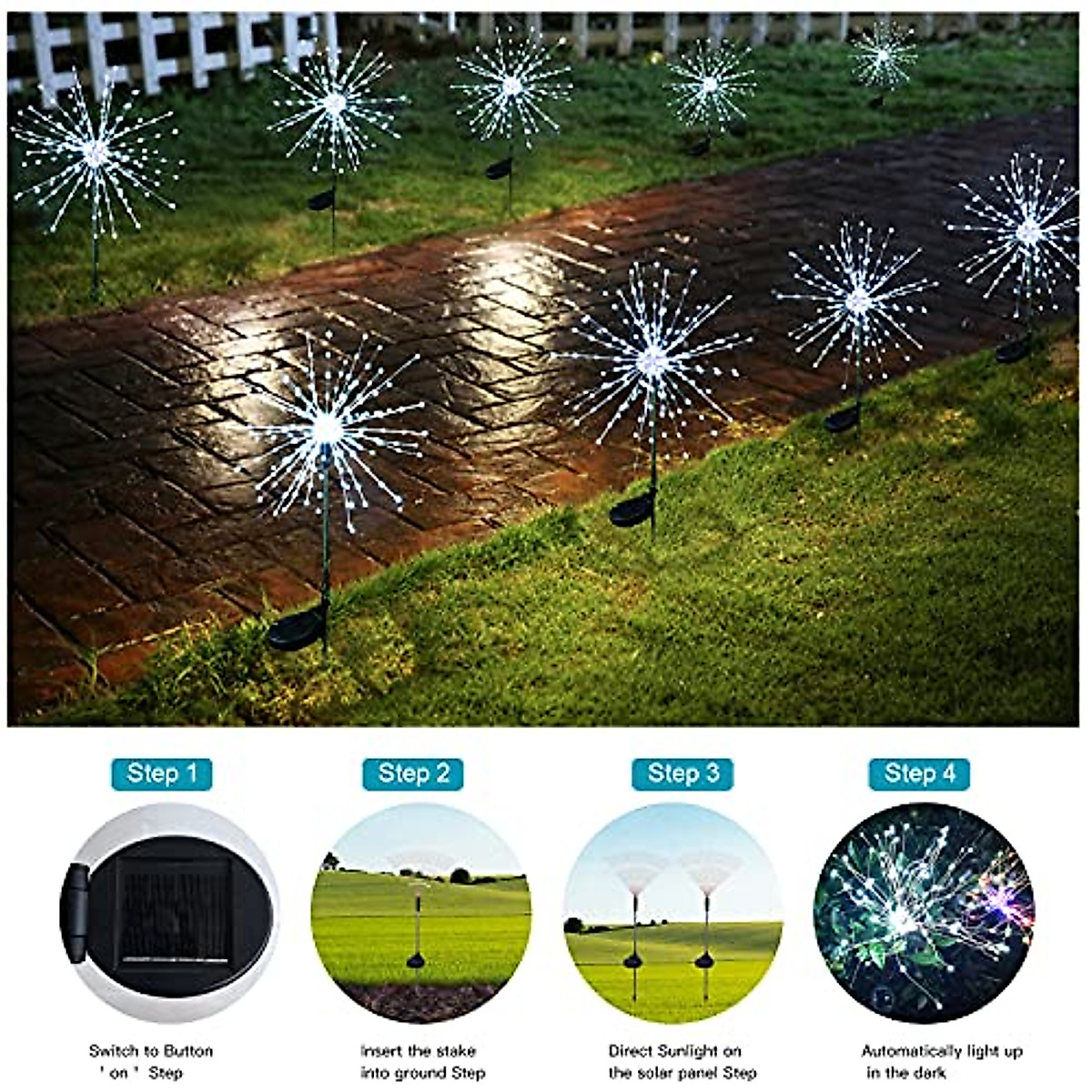 XVZ Solar Garden Lights, 2 Pack 120 LED Solar Powered Firework Light,2 Modes and Waterproof DIY Outdoor Decoration Light for Walkway Pathway Backyard Christmas Party Decor（Cold White）