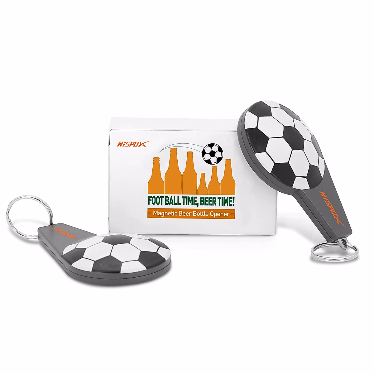 2 pcs Beer Bottle Opener with Keychain, Soccer Style Stainless Steel Flat Bottle Opener, Stick to Refrigerator for Easy Storage with Magnet, Gift for Men Husband Father