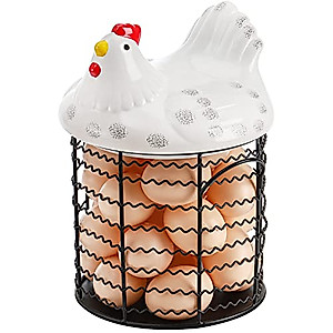 Hiceeden Metal Wire Chicken Egg Storage Basket, Decorative Fresh Egg Holder with Ceramic Chicken Design Lid, Portable Round Collectiong Basket for Kitchen Supplies, Pantry, 5.5"x6"