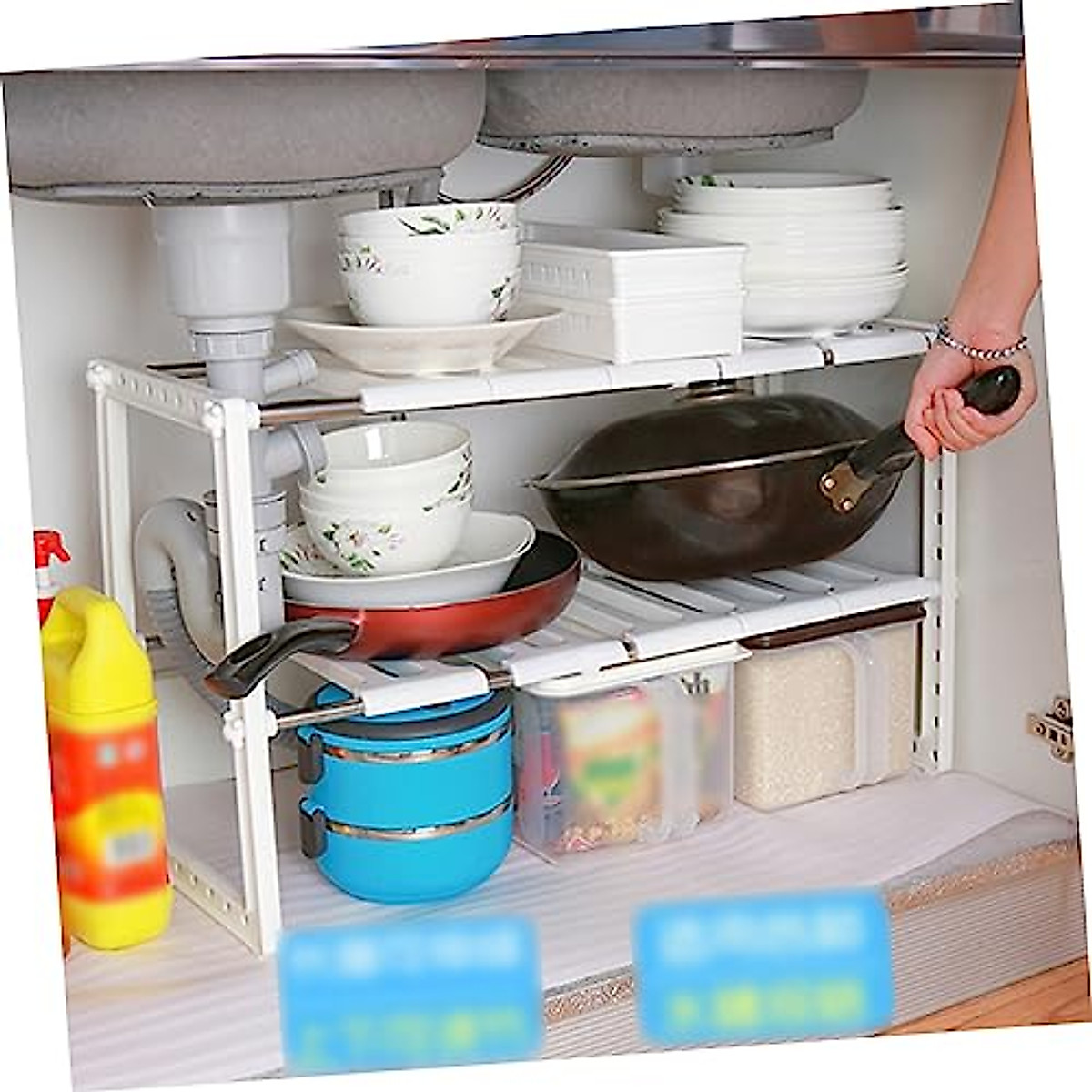 DELURA Sink Drying Rack Cabinet Storage Shelf Rack Under Sink Organizer Under Sink Expandable Shelf Organizer Bathroom Organizer Under Sink Over The Sink Shelf Curtain Tableware White/24