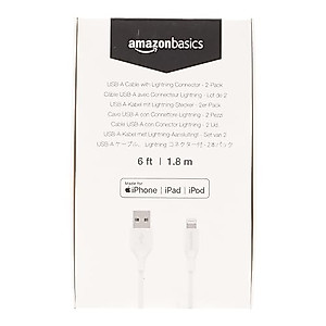 Amazon Basics 2-Pack USB-A to Lightning ABS Charger Cable, MFi Certified Charger for Apple iPhone 14 13 12 11 X Xs Pro, Pro Max, Plus, iPad, 6 Foot, White
