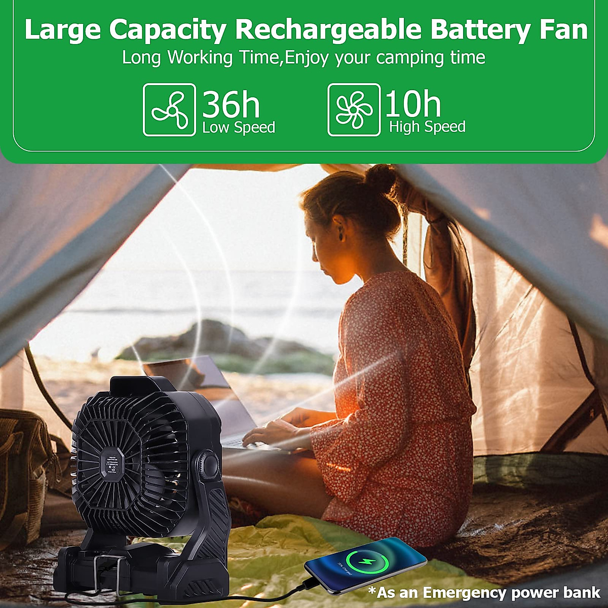 20000mAh Portable Camping Fan Rechargeable Portable fan for Travel Battery Powered Fan with LED Lantern,270° Rotation,USB Desk fan Battery Rechargeable Fan Tent Fan for camping essentials with Hook