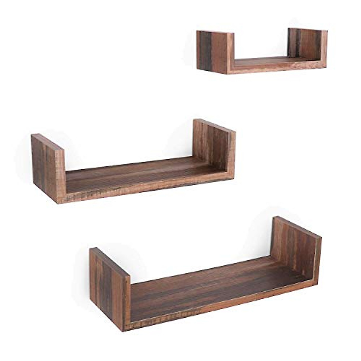 Under.Stated U Shaped Floating Wall Shelves - Rustic MDF with PVC Wall Mounted Display Rack | Multi-Purpose Hanging Shelves Set of 3 (Rustic Brown)
