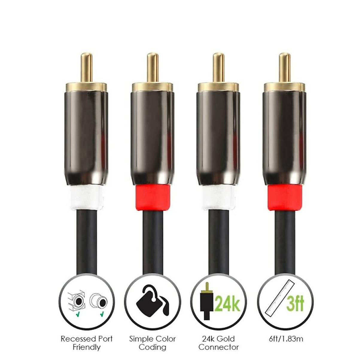 Magik 2-4 Plated 2-RCA to 2-RCA Male L/R Stereo Audio Coaxial Cable Cord Plug Patch (3.3 Ft/1 M 2 Pack)