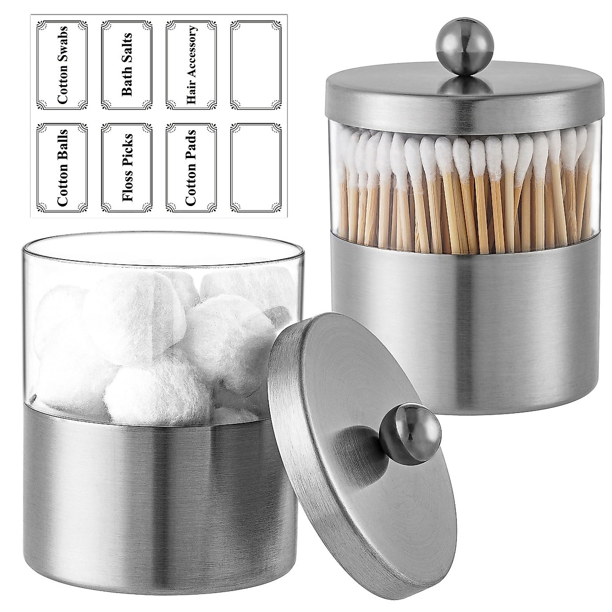 Gaussra Apothecary Jars, Qtip Holder - Stainless Steel Bathroom Jar with Stickers - Farmhouse Decor Qtip Dispenser for Qtips, Cotton Balls, Swabs, Makeup Sponges (2 Pack, Brushed Nickel)