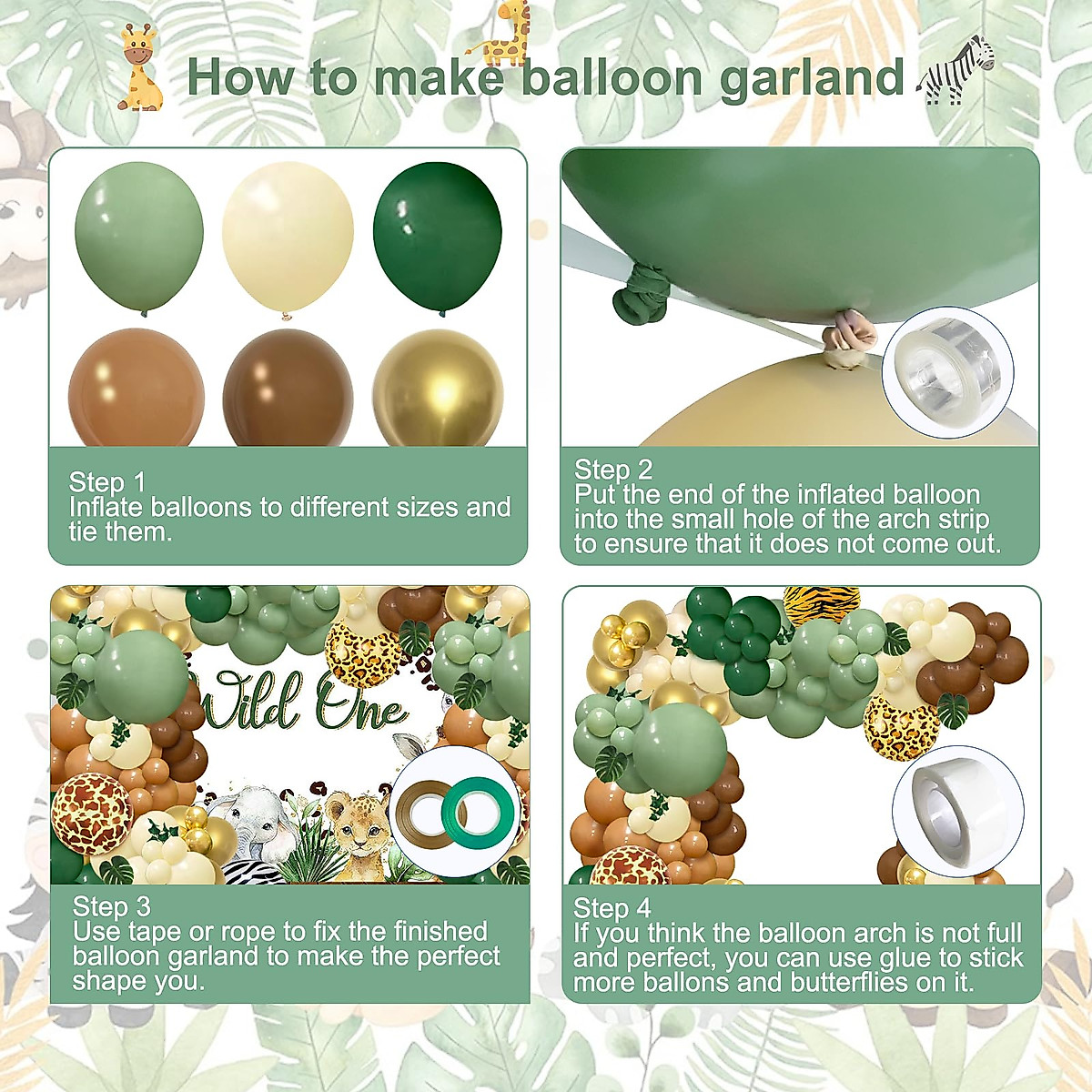 iLaFm 142pcs Safari Jungle Wild One Balloon Garland Arch Kit Sage Green and Brown Balloons with Animal Print Balloons Palm Leaves for Woodland Tropical Birthday Party Supplies Baby Shower Decorations