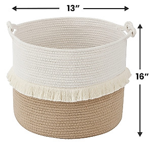 Organizix Round Woven Boho Cotton Rope Storage Tassels Basket, Laundry Basket Hamper, Decorative Fringe with Knot Handles, Toys and Blanket Basket for Nursery, White/Brown, 13 x 16