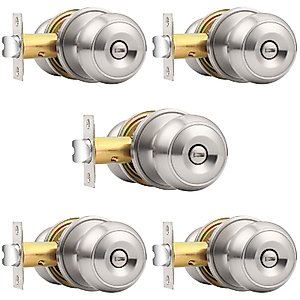Probrico Brushed Nickel Bed/Bath Knobs Keyless Privacy Interior Doors Locksets, 5 Pack