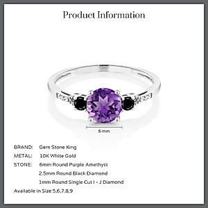 Gem Stone King 10K White Gold Purple Amethyst Black Diamond and White Diamond Accent 3-Stone Engagement Ring For Women (0.88 Cttw, Round 6MM, Gemstone February Birthstone, Size 7)