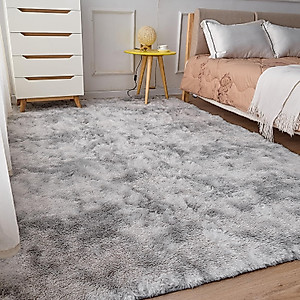 Floralux Fluffy Rugs for Bedroom Living Room,3x5 Feet Plush Shag Area Rug for Nursery Kids Room,Light Grey Tie dye Non Slip Fuzzy Shaggy Soft Room Carpets for Girls Boys Playroom