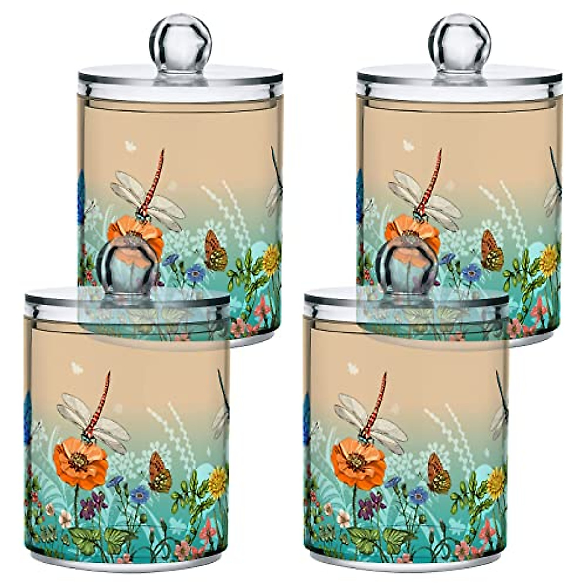 MNSRUU 2 Pack Qtip Holder Organizer Dispenser Colorful Dragonfly Bathroom Storage Canister Cotton Ball Holder Bathroom Containers for Cotton Swabs/Pads/Floss